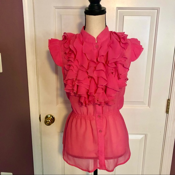 Tops | Hot Pink Button Down Ruffle Blouse | Poshmark